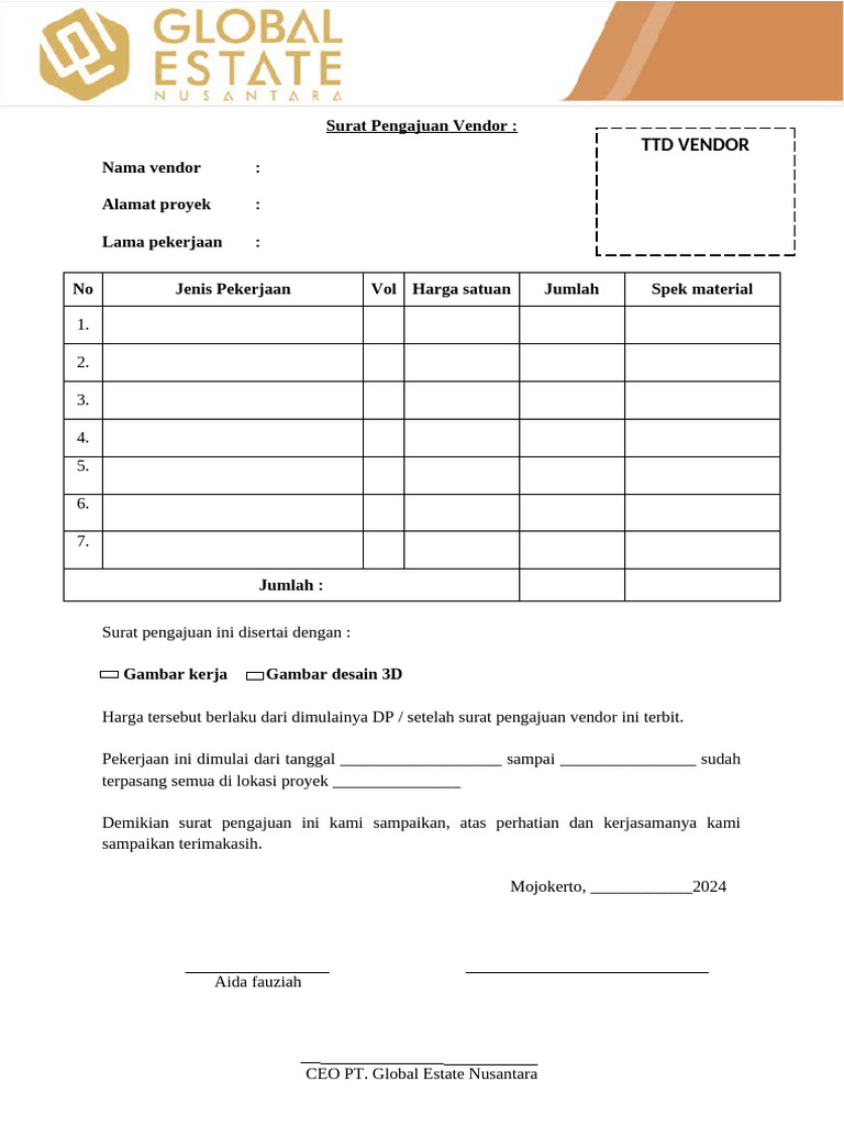 SURAT PENGAJUAN VENDOR - Copy - Copy | PDF