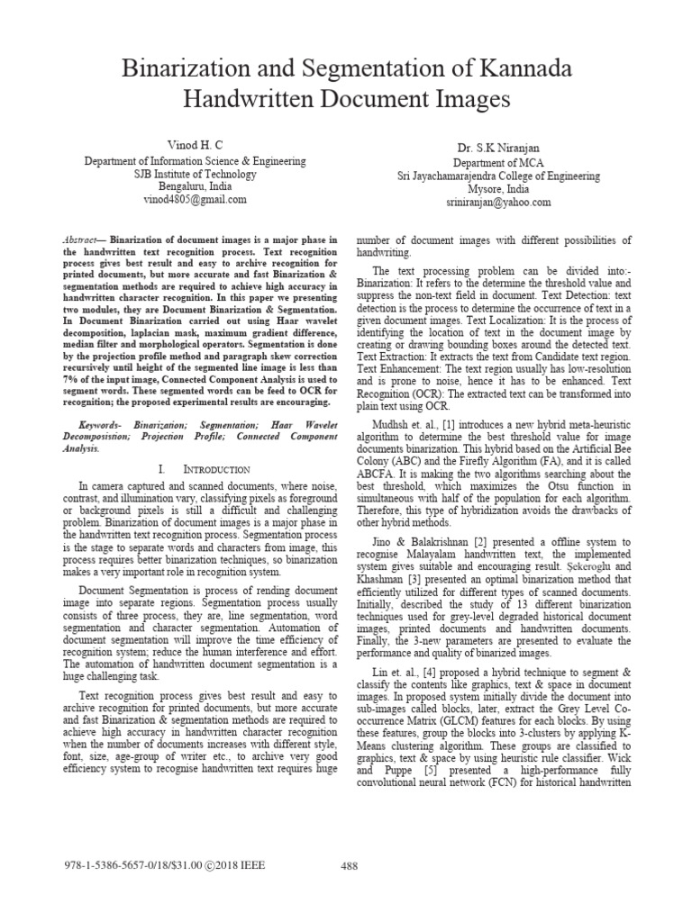 Binarization and Segmentation of Kannada Handwritten Document Images | PDF | Image Segmentation ...