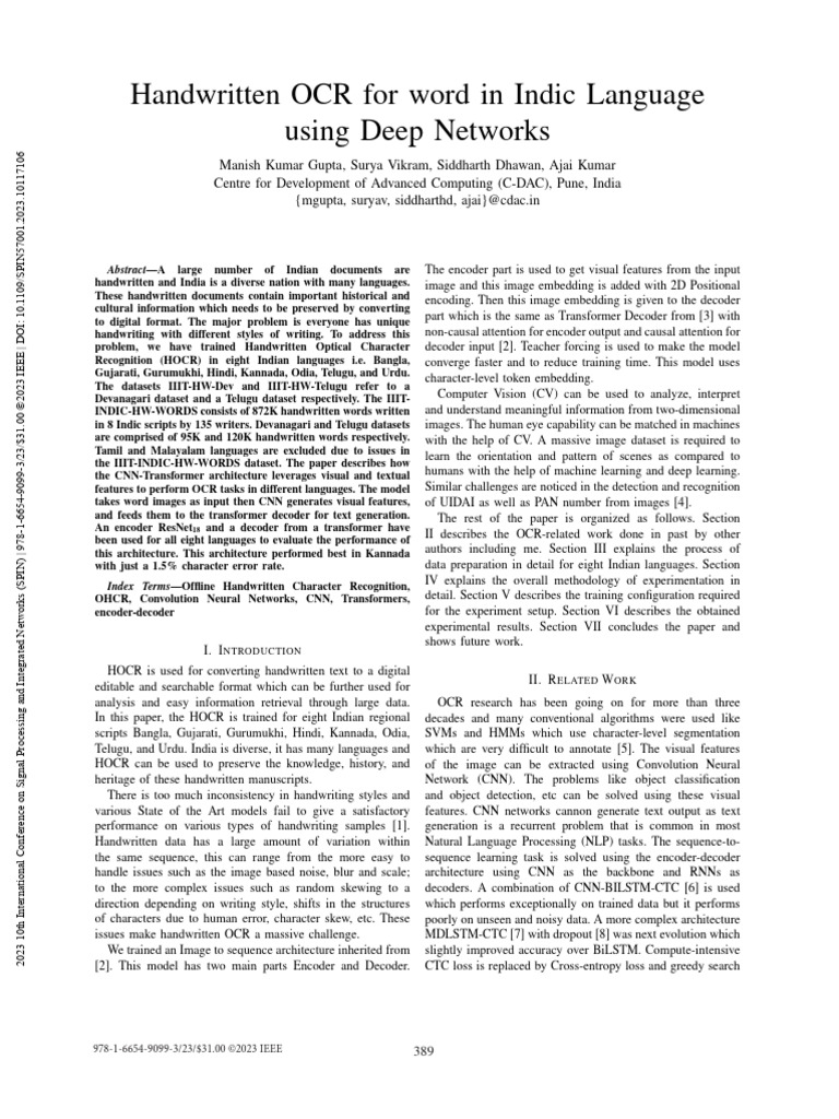 Handwritten OCR For Word in Indic Language Using Deep Networks | PDF | Optical Character ...