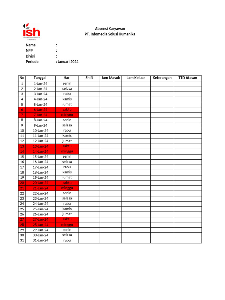 Absensi Karyawan Januari 2024 | PDF