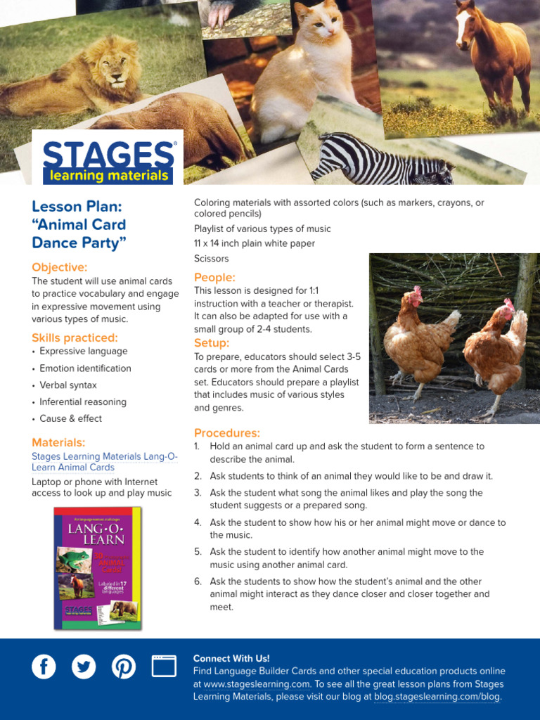 Lesson Plan: "Animal Card Dance Party": Objective: People | PDF ...