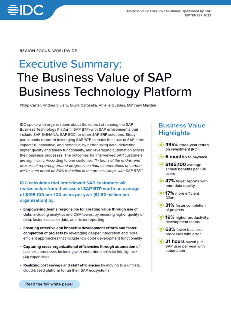 SAP BTP IDC Business Value White Paper Executive Brief | PDF | Economies | Business