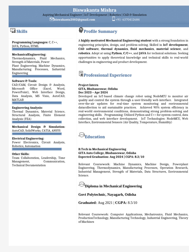 BTech Mechanical Resume PDF | PDF | Mechanical Engineering | Engineering