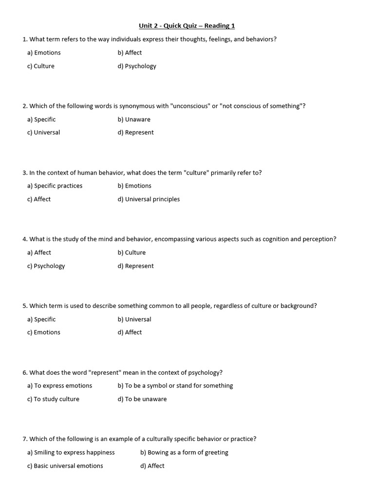 Unit 2 - Quick Quiz - Reading 1 | PDF | Affect (Psychology) | Emotions