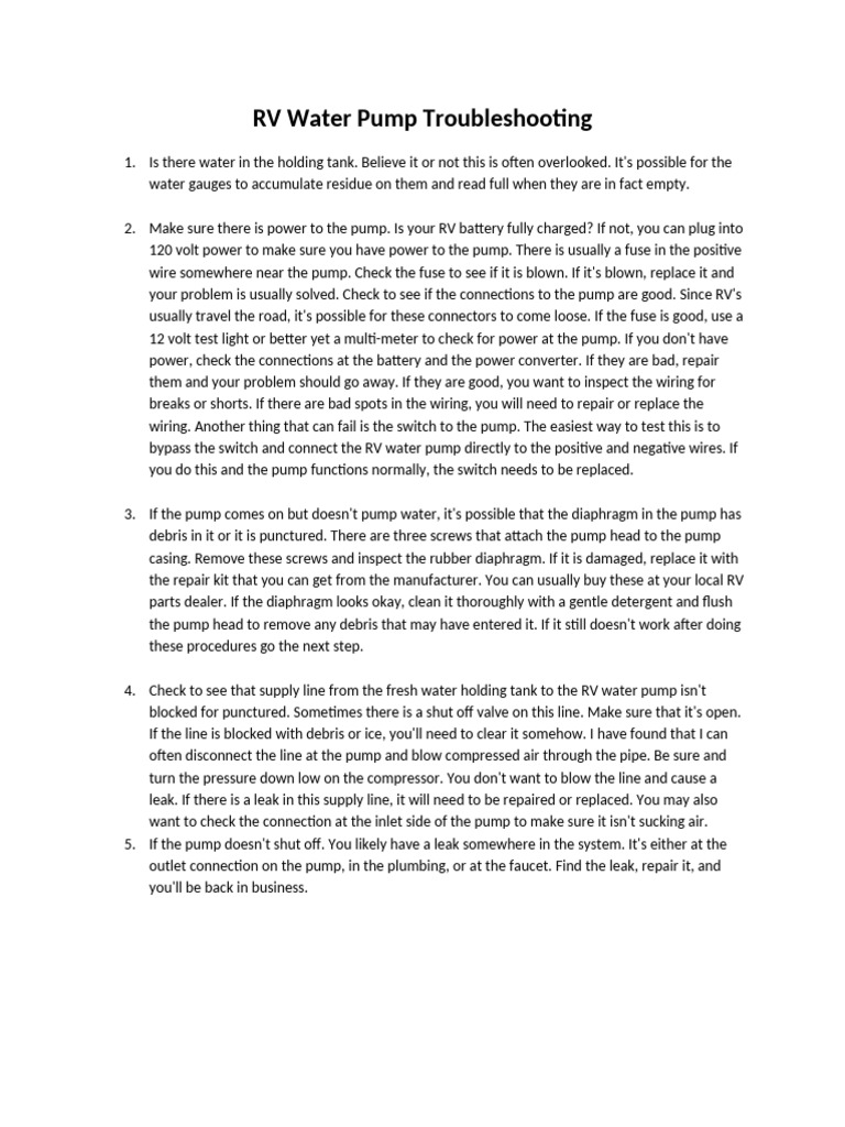 RV Water Pump Troubleshooting | PDF | Leak | Pump