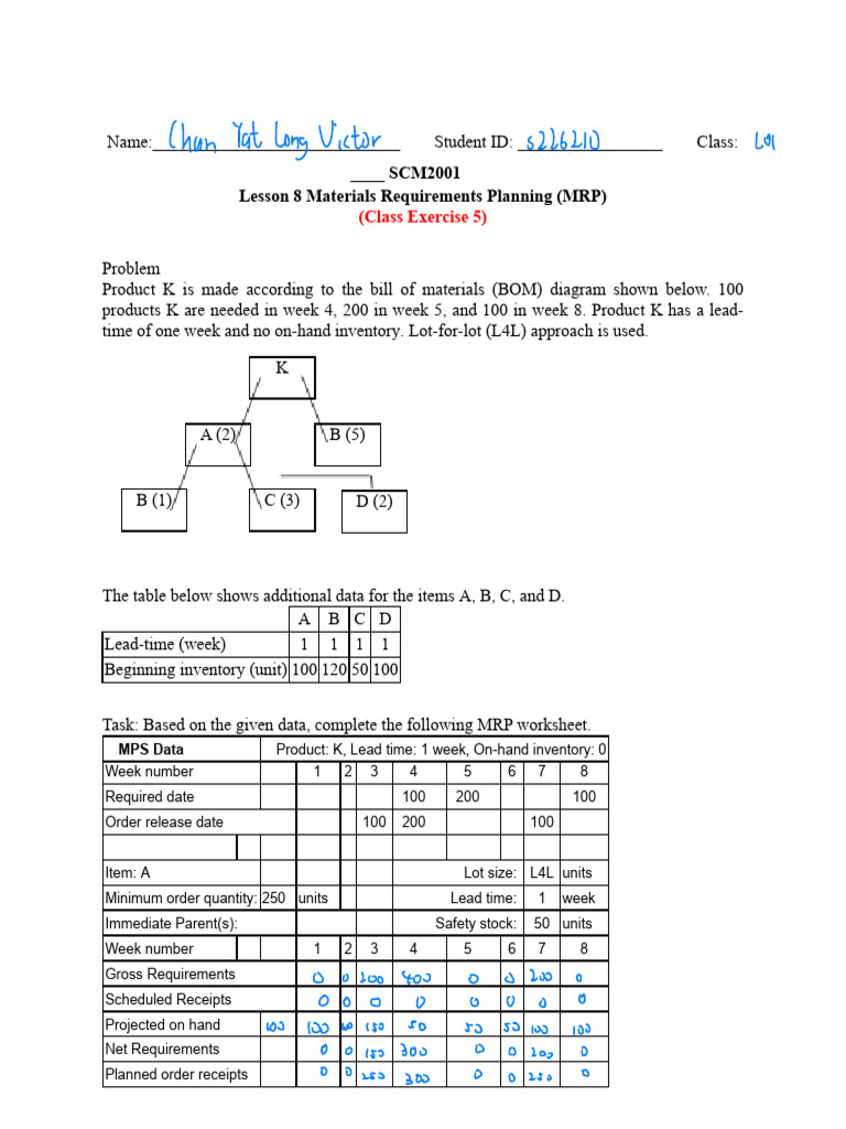 SCM2001 Lesson 8-MRP Exercise - Question (Class Ex. 5) | PDF | Secondary Sector Of The Economy ...