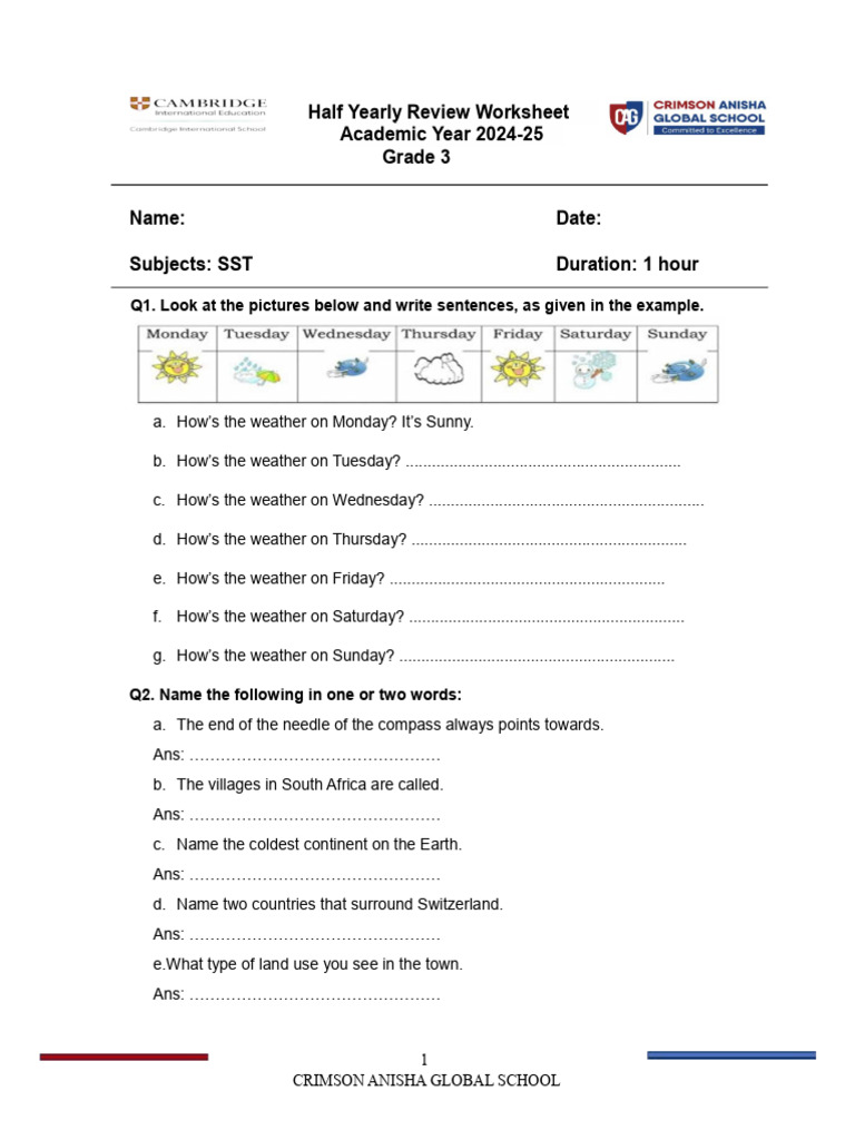 Grade 3 SST HALF YEARLY PAPER | PDF | Earth Sciences | Natural Environment