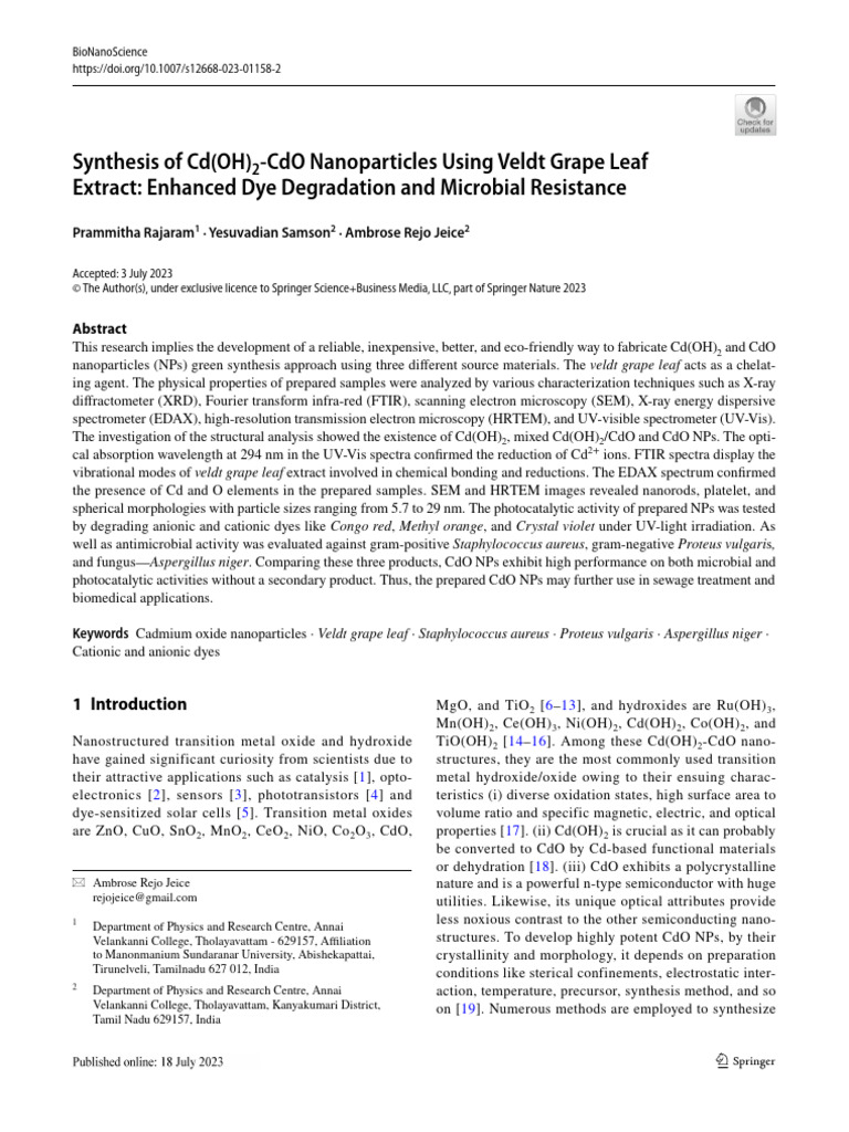 Synthesis of CD OH 2 CdO Nanoparticles U | PDF | X Ray Crystallography ...