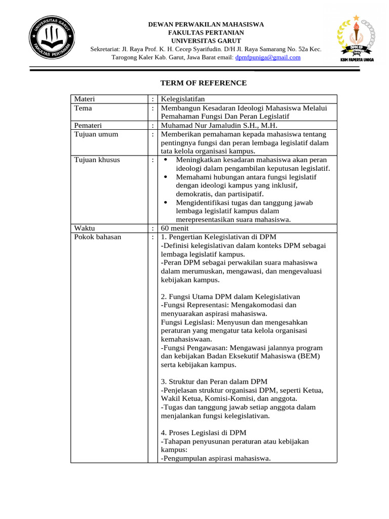 TERM OF REFERENCE (Keligslatifan) | PDF