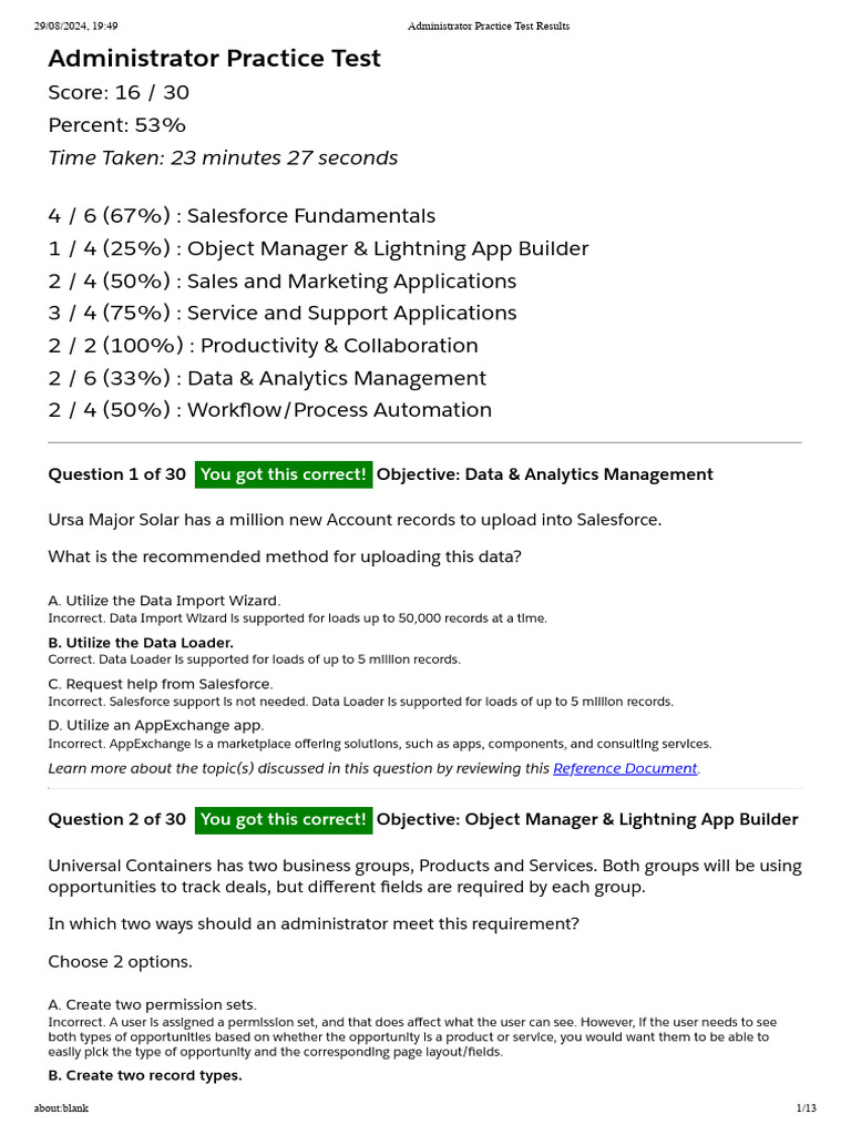 Salesforce Administrator Practice Test Results | PDF | Authentication ...
