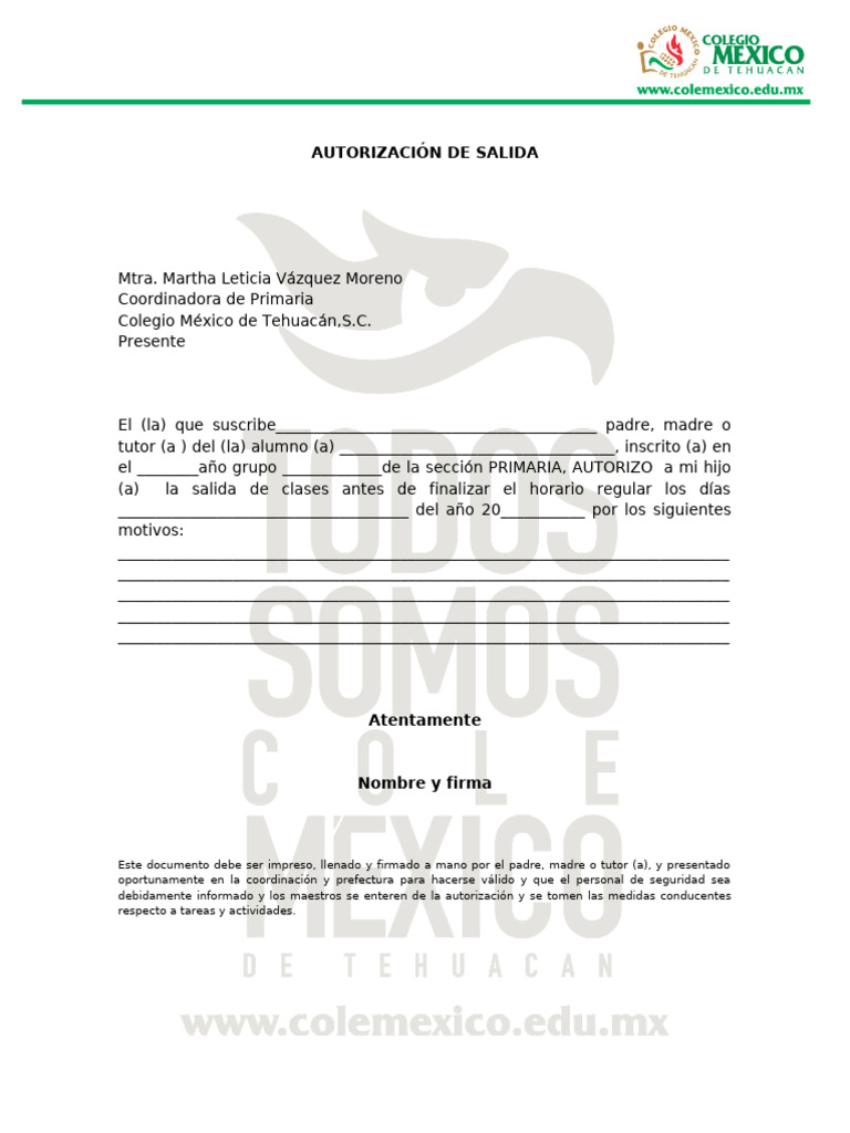 Autorización de Salida Escolar | PDF
