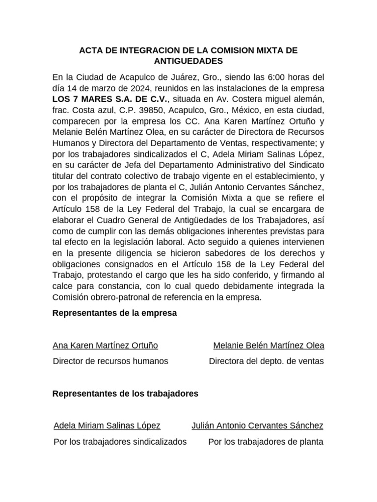 Acta de Integracion de La Comision Mixta de Antiguedades | PDF