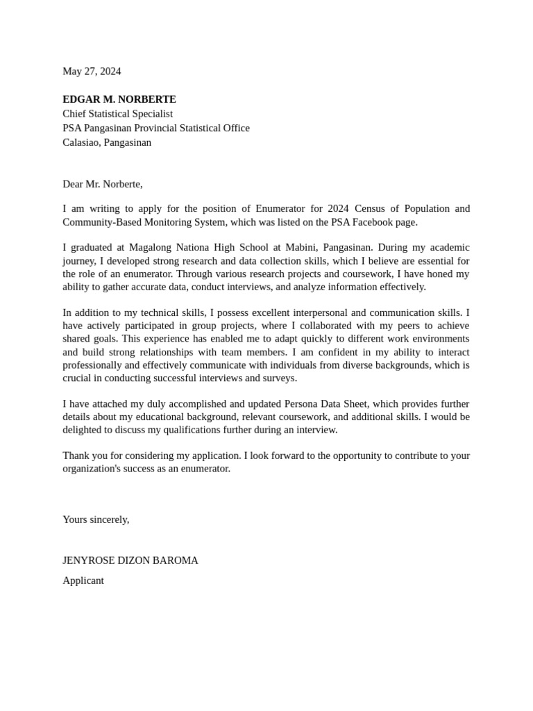 Application Letter For Enumerator | PDF