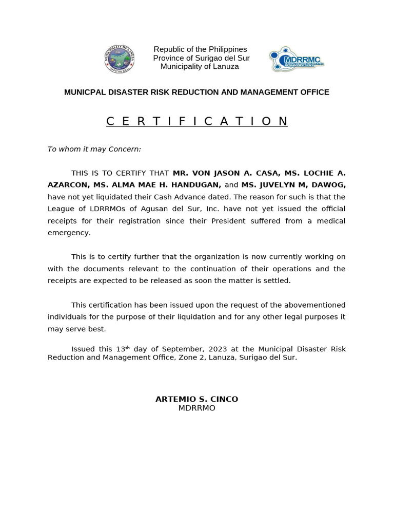 Certification - Casa, Handugan, Dawog, Azarcon | PDF | Safety | Business