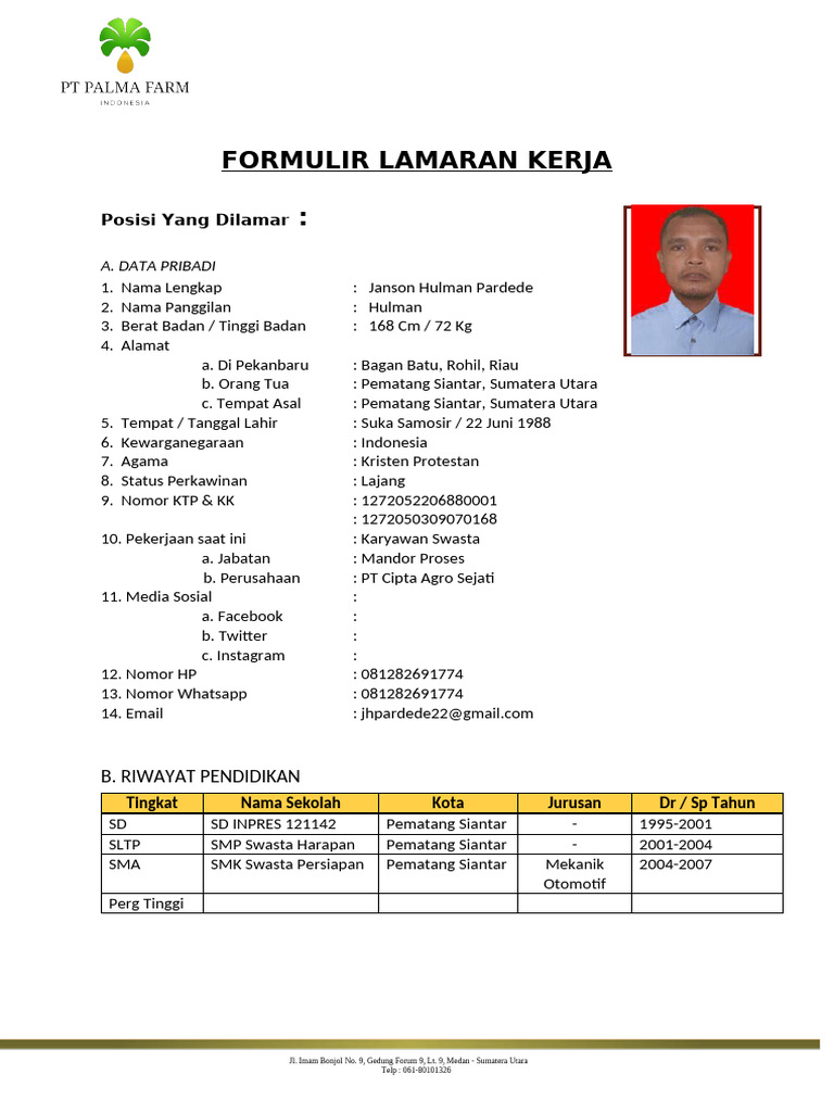 Form Data Diri PT - Pfi | PDF