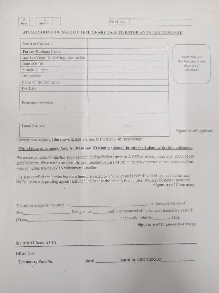 Temporary Pass Application for Anuvjay Township | PDF