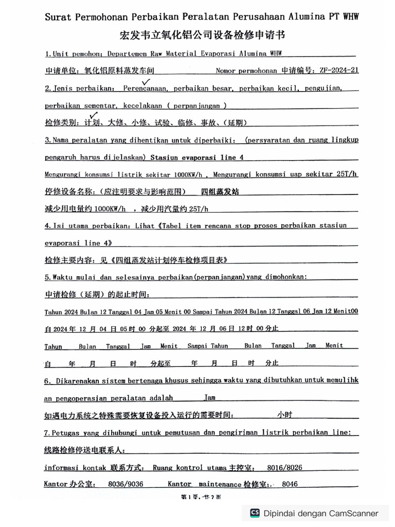 2024.12.04 Rencana Stop Proses Line 4 St.Evaporasi 四线蒸发站停车申请 | PDF