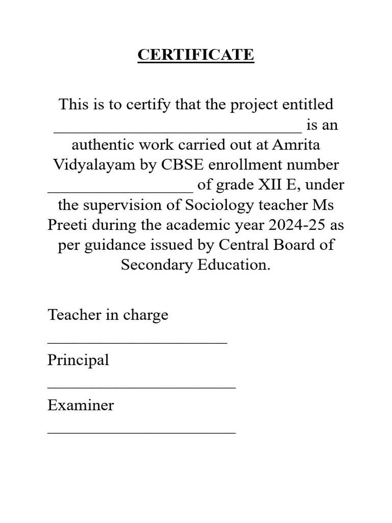 Grade XII Project Certificate Template | PDF