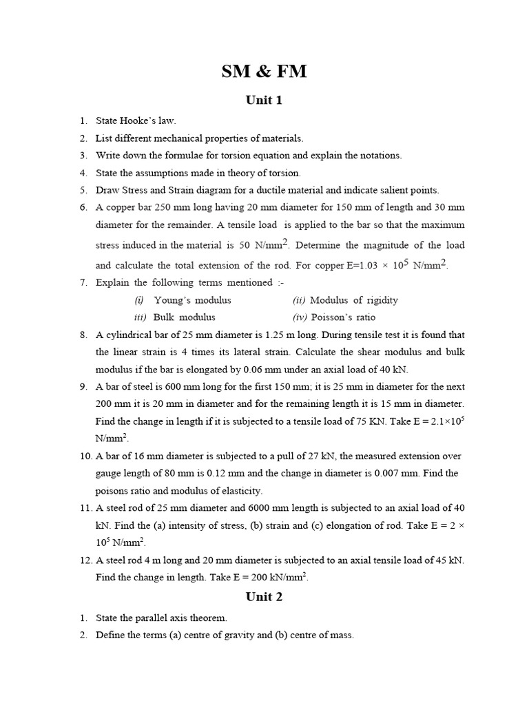 SM FM Assignment Questions - All Units | PDF | Young's Modulus | Pressure Measurement