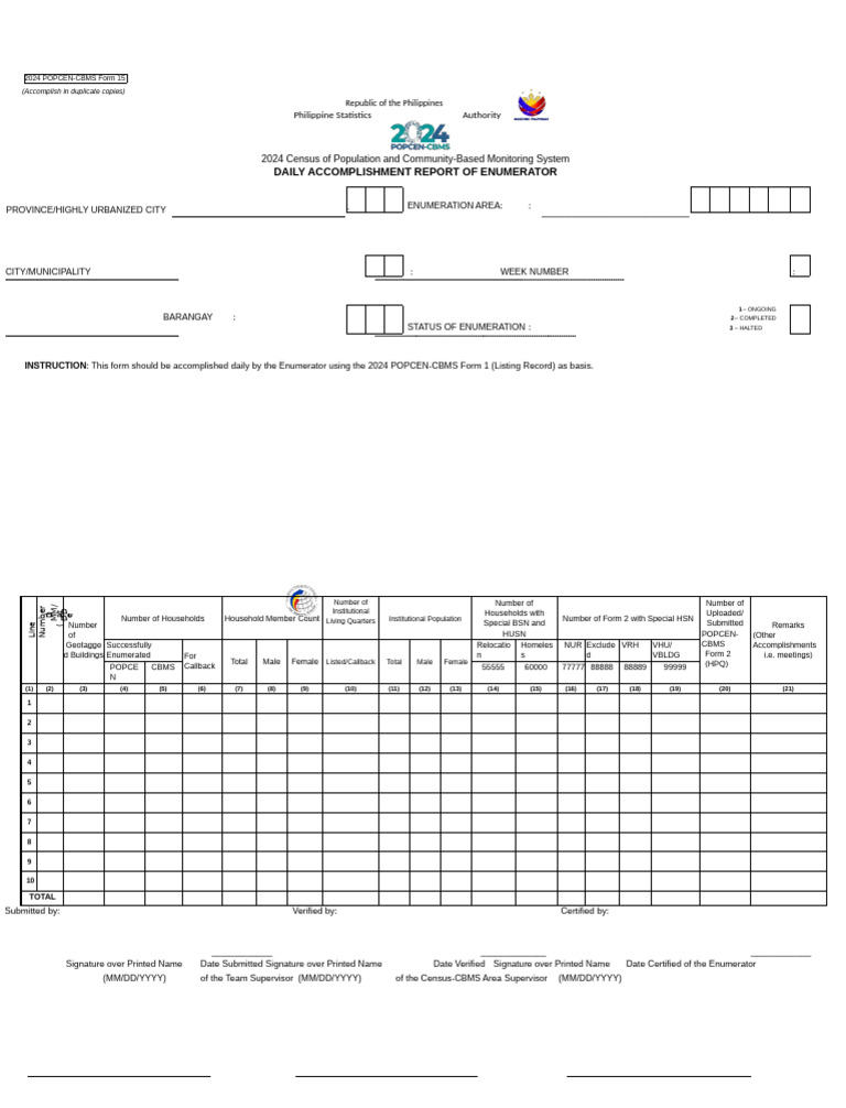 2024 POPCEN-CBMS Form 15 Daily Accomplishment Report of Enumerator_04June2024 | PDF ...