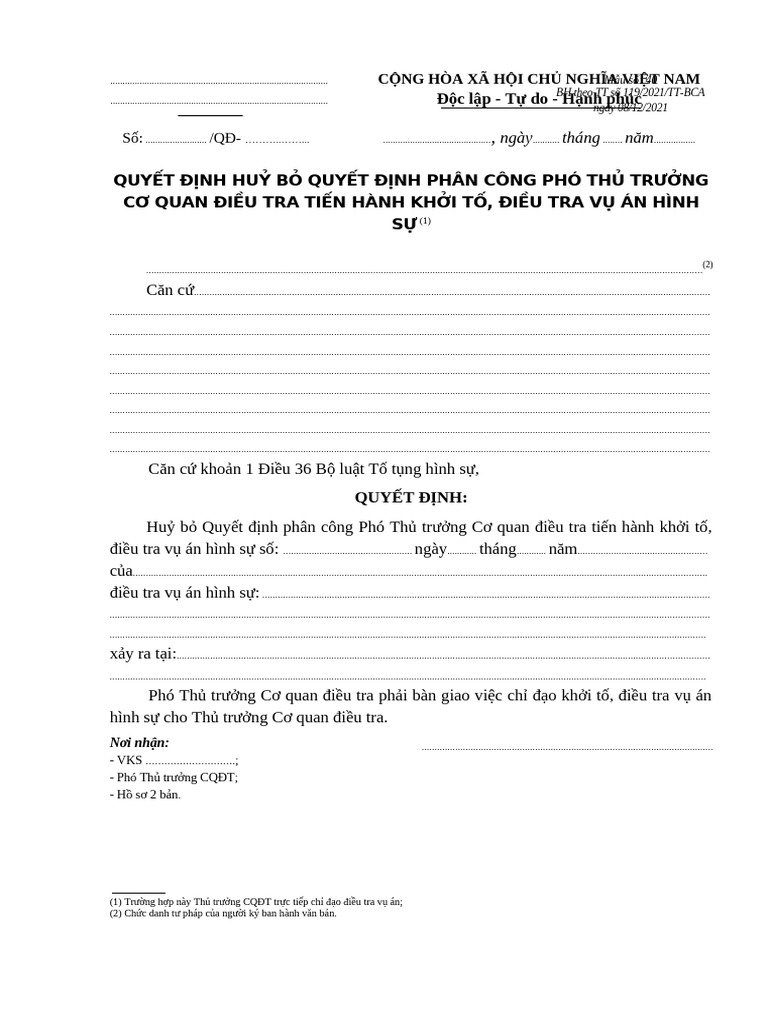 QĐ Huy Bo QD Phan Cong PTT CQDT Tien Hanh Kto, Dtra VAHS | PDF