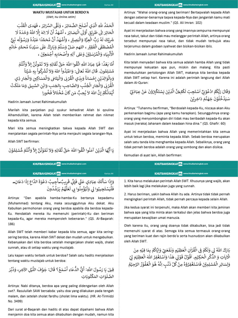 714. Khutbah Jumat Bahasa Indonesia - Waktu Mustajab Untuk Berdoa | PDF