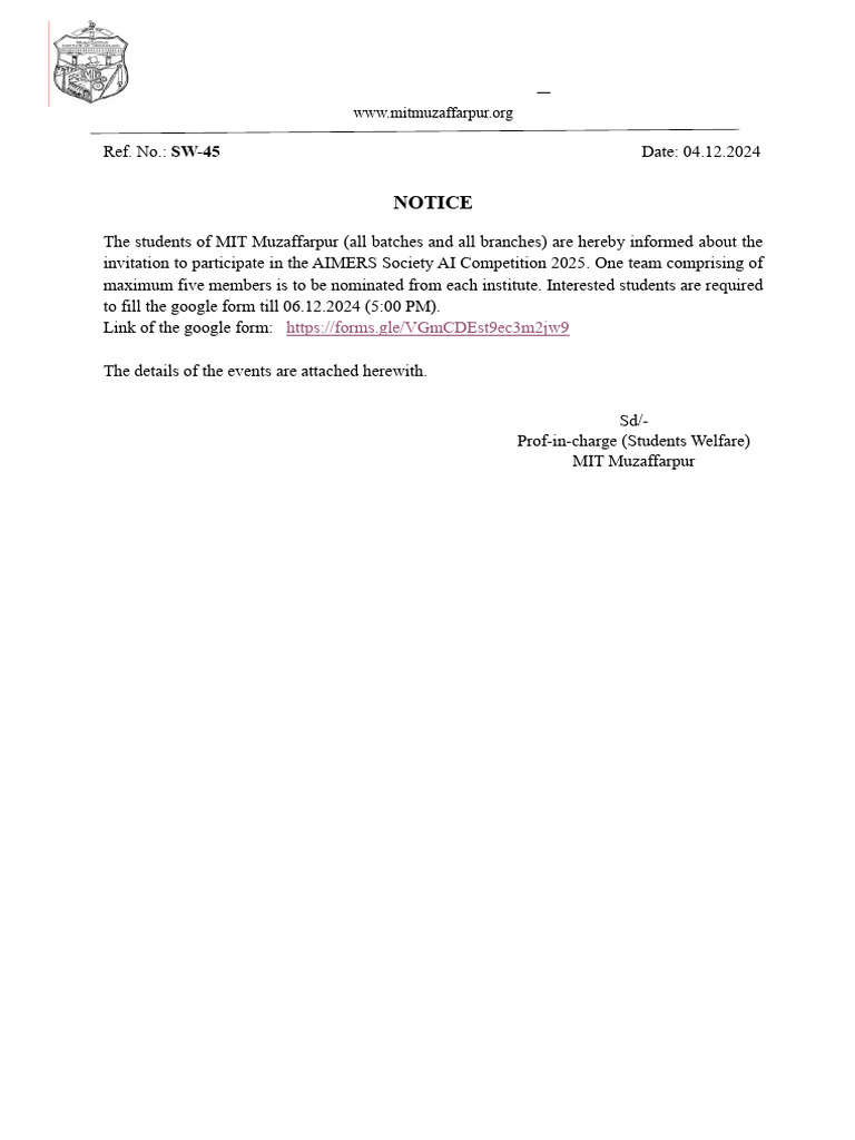 SW 45 Notice For Participation in AIMERS Society AI Competition | PDF ...