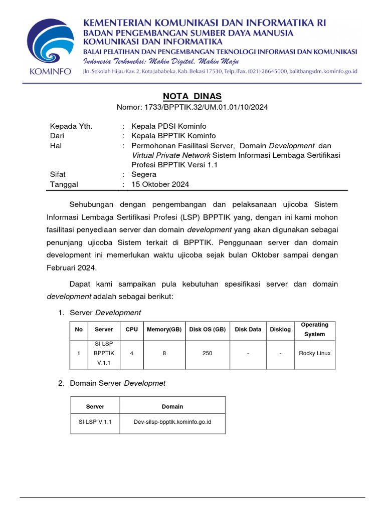 Nota Dinas permintaan Server SI Dev LSP V1.1 - BPPTIK fix (1) (1) | PDF