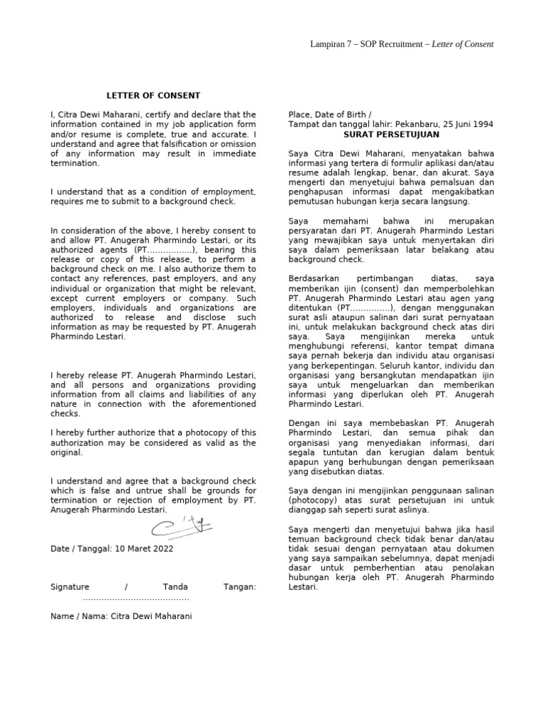 _Lampiran 7 - SOP Recruitment - Letter of Consent | PDF