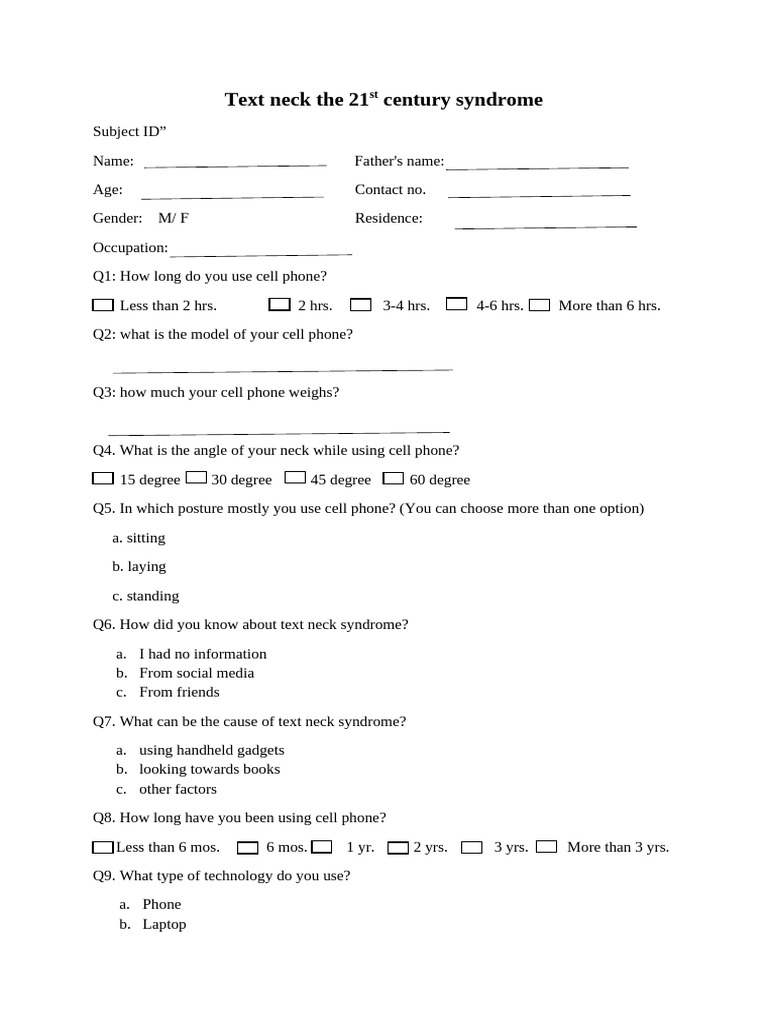 Text Neck Syndrome Questionnaire | PDF