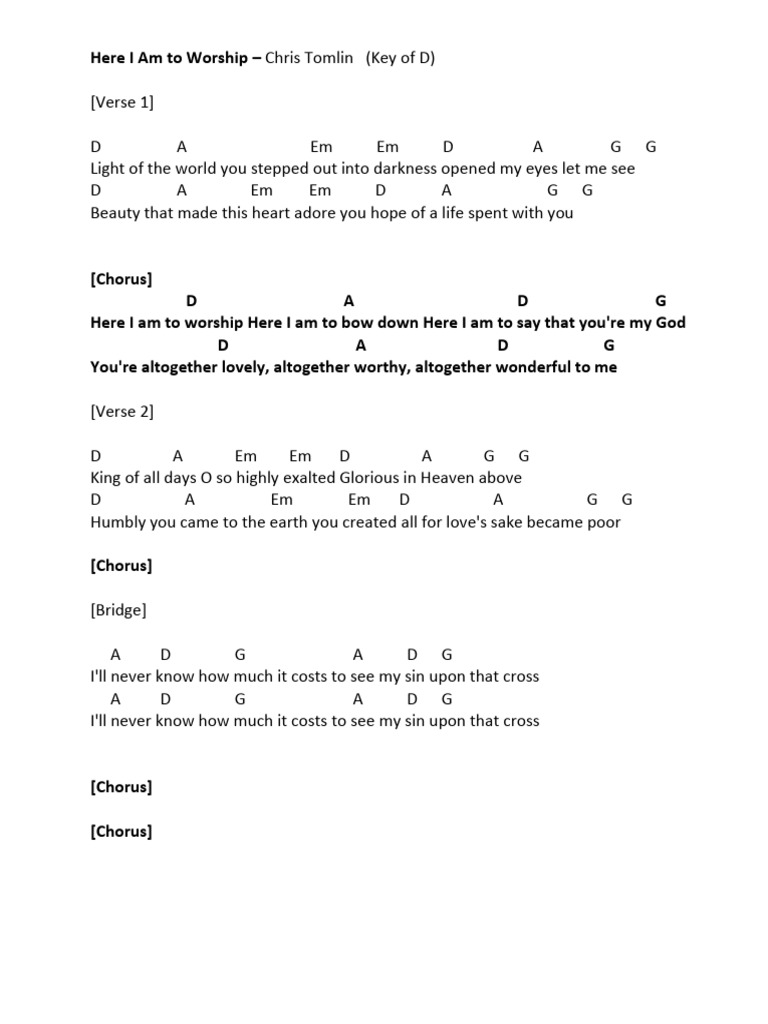 Here I Am to Worship Chords in D | PDF