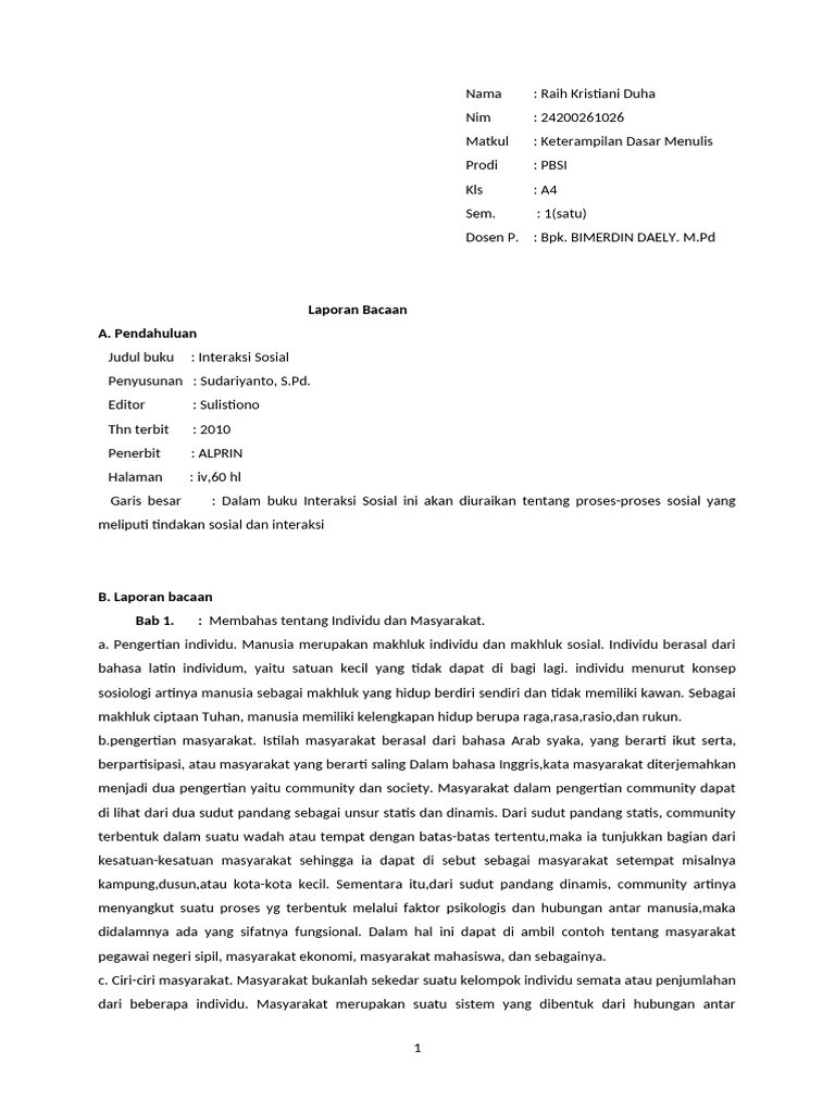 Laporan Bacaan Interaksi Sosial | PDF
