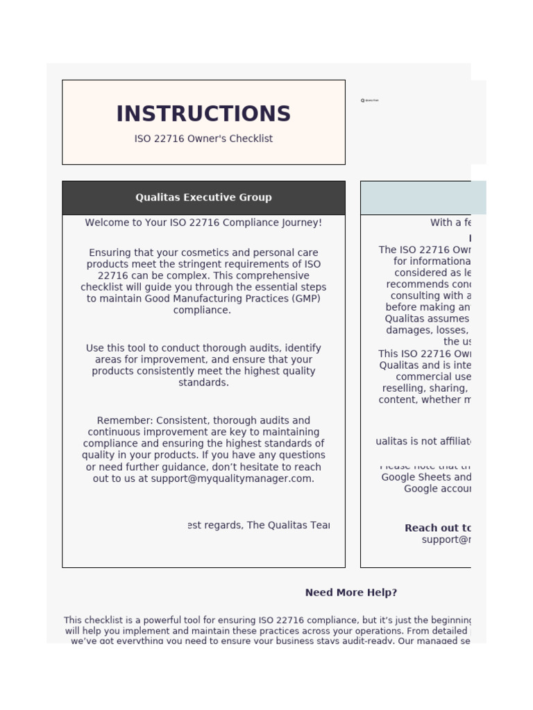 ISO 22716 Owner's Checklist Download | PDF | Audit | Regulatory Compliance