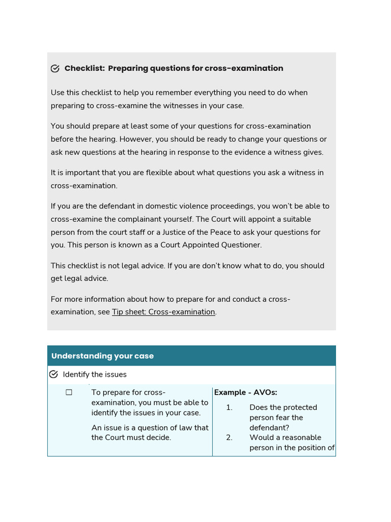 Avo Checklist Preparing Questions For Cross Examination Defendant | PDF ...