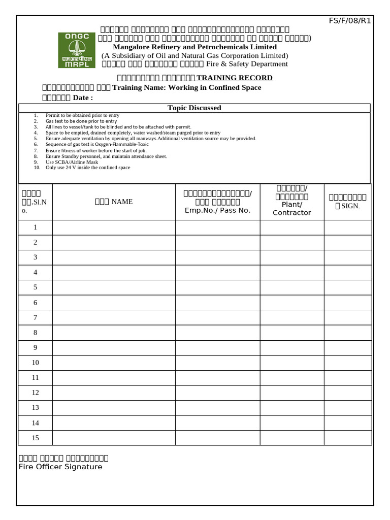Confined Space Training Record Pdf