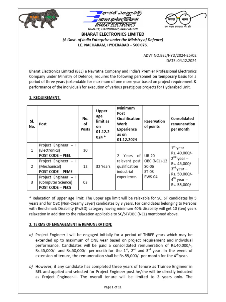 BEL Project Engineer Notice 2024 1 | PDF | Magistrate | Signals Intelligence