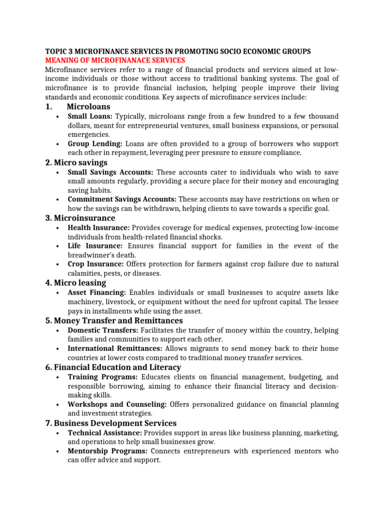 TOPIC 3 MICROFINANCE SERVICES IN PROMOTING SOCIO ECONOMIC GROUPS | PDF | Microfinance | Poverty