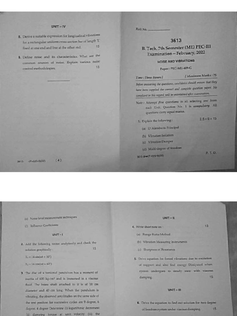 2022 B.tech 7th Sem Noise and Vibrations | PDF