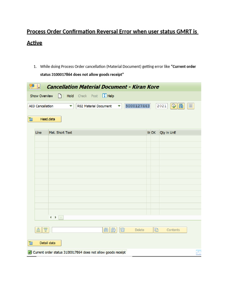 KBA_SAP_PPQM_01_Process Order Confirmation Reversal Error when user status GMRT is Active | PDF