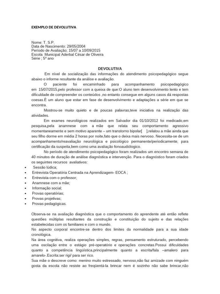 638392591 Exemplo de Devolutiva | PDF | Aprendizado | Pedagogia