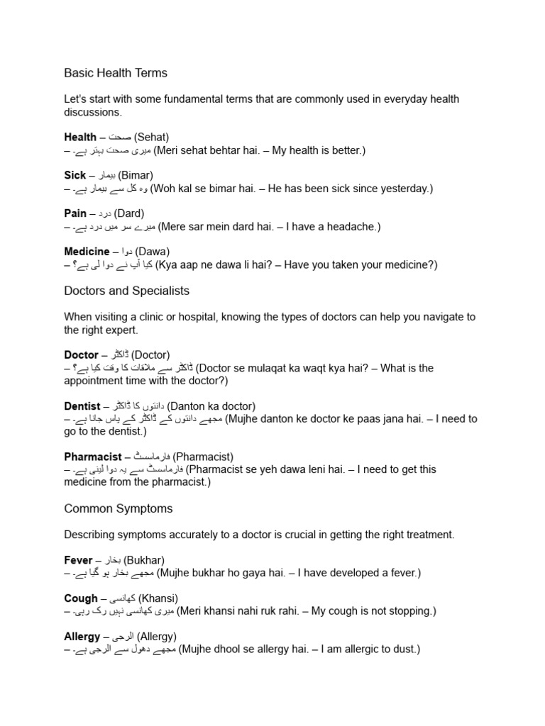 Basic Health Terms in Urdu | PDF
