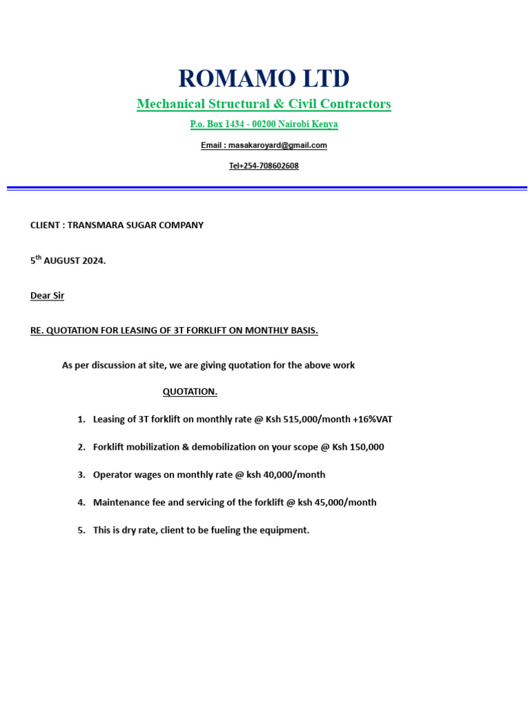 Quotation For Leasing of 3T Forklift On Monthly B 240805 095438 | PDF
