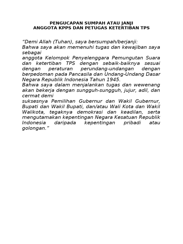 Pengucapan Sumpah Atau Janji Kpps | PDF