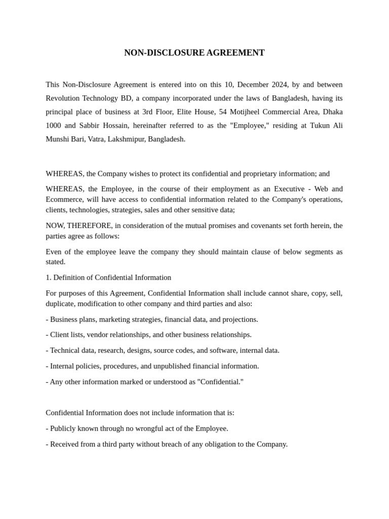 Non-Disclosure Agreement | PDF | Non Disclosure Agreement | Confidentiality
