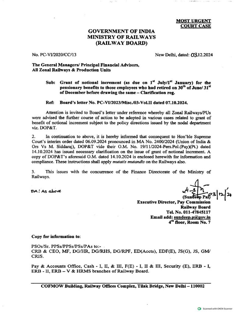 Rly BD Letter DTD 03 Dec 2024 Adopting Dop&t Instructions On Notional Increment | PDF