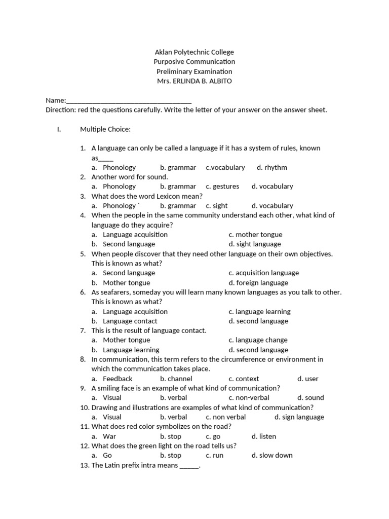 Purposive Communication prelim apc | PDF | Communication | Language Acquisition