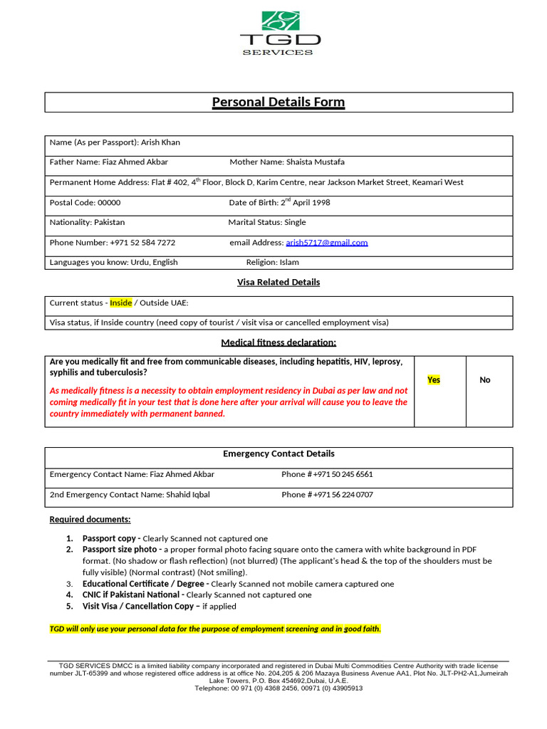 TGD - Personal Details Form | PDF | Travel Visa