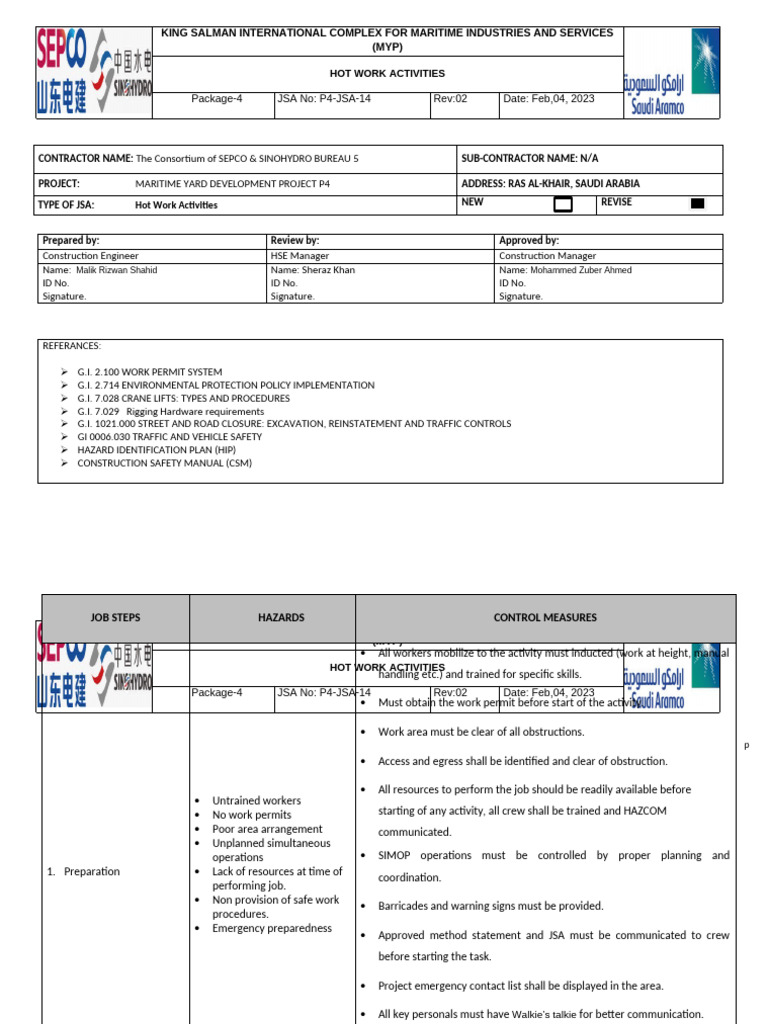 Hot Work Safety JSA for Maritime Project | PDF | Safety