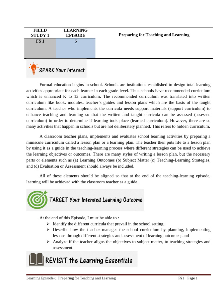 FIELD STUDY 1 E6 Preparing For Teaching and Learning | PDF | Curriculum ...