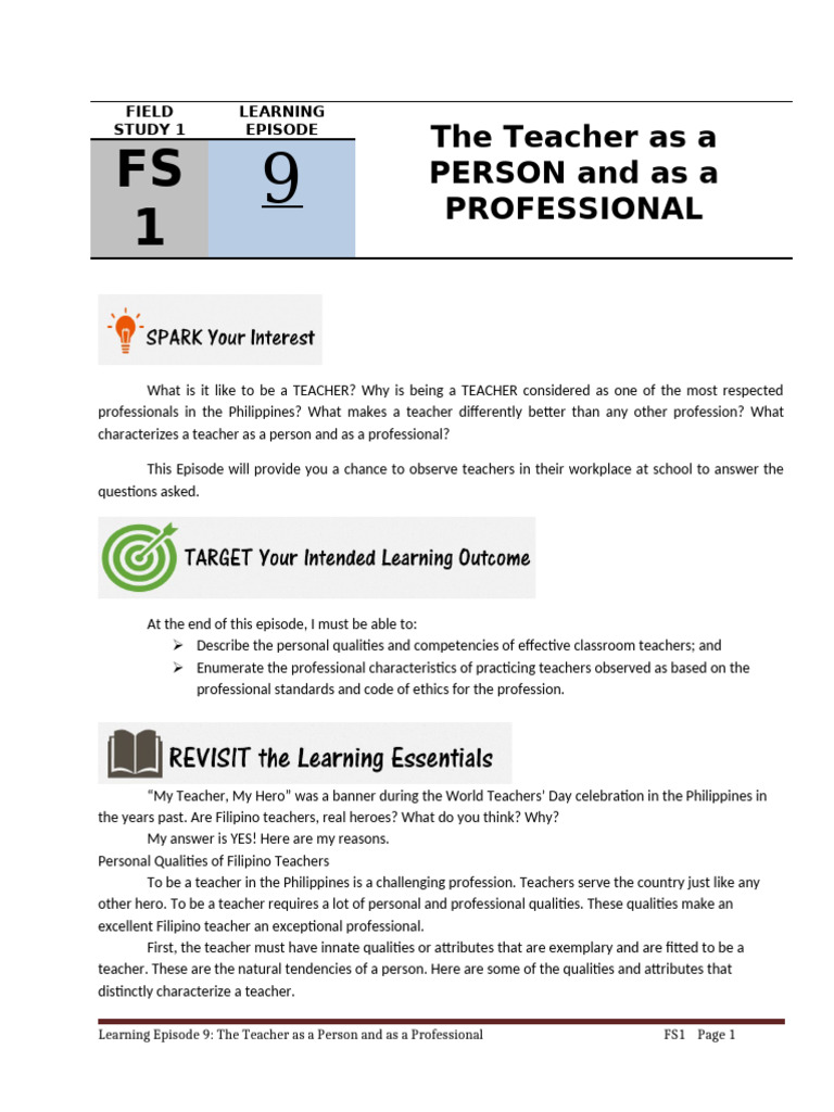 FIELD STUDY 1 E9 The Teacher As A PERSON and As A PROFESSIONAL | PDF ...